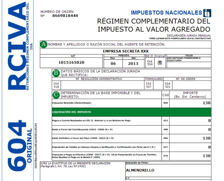 Formulario 604 v3 RC IVA retenciones - Bolivia Impuestos Blog