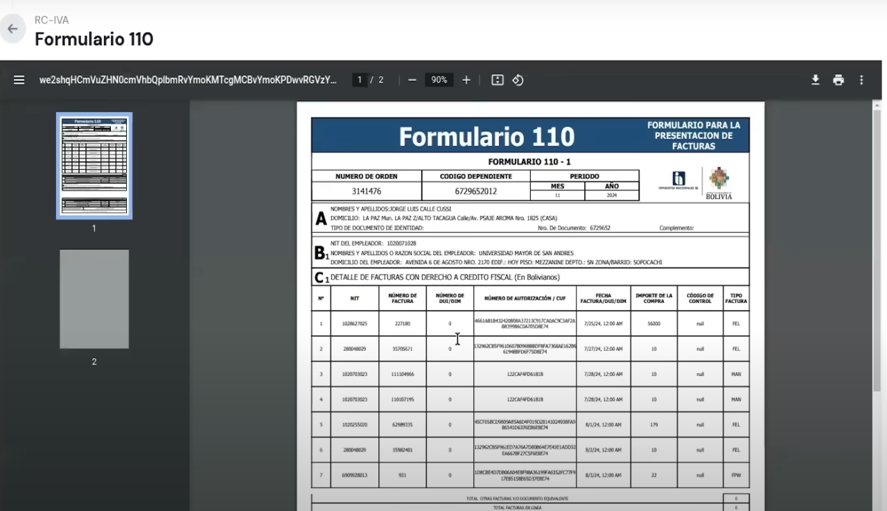 Llenado de formulario 110 para dependientes